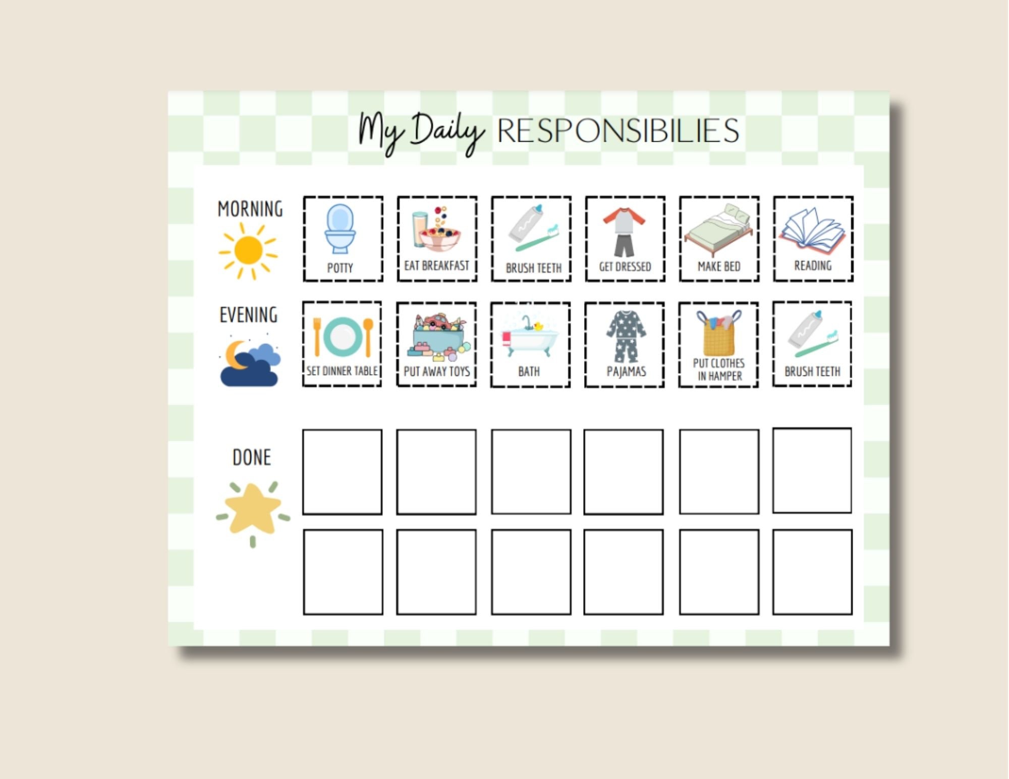 Kids Daily Responsibilities Chart, Printable Daily Routine, Chore Chart ...
