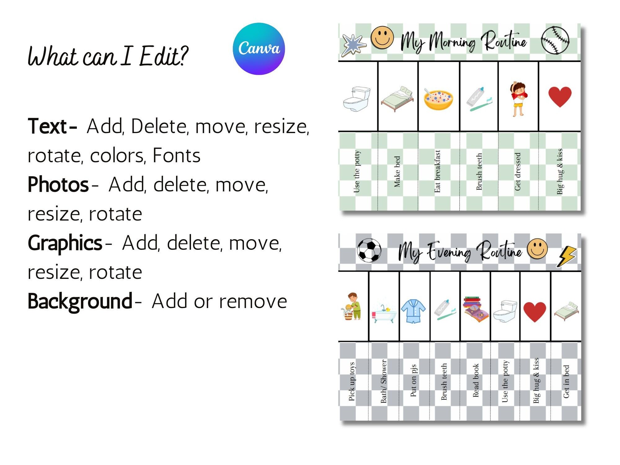 Retro Boys Morning & Evening Routine Chart, Planning Toddler Bedtime ...