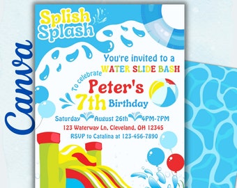 EDITABLE Water Slide Birthday Invitation Splash Party Invitation PINK Waterslide Bash DIY ...
