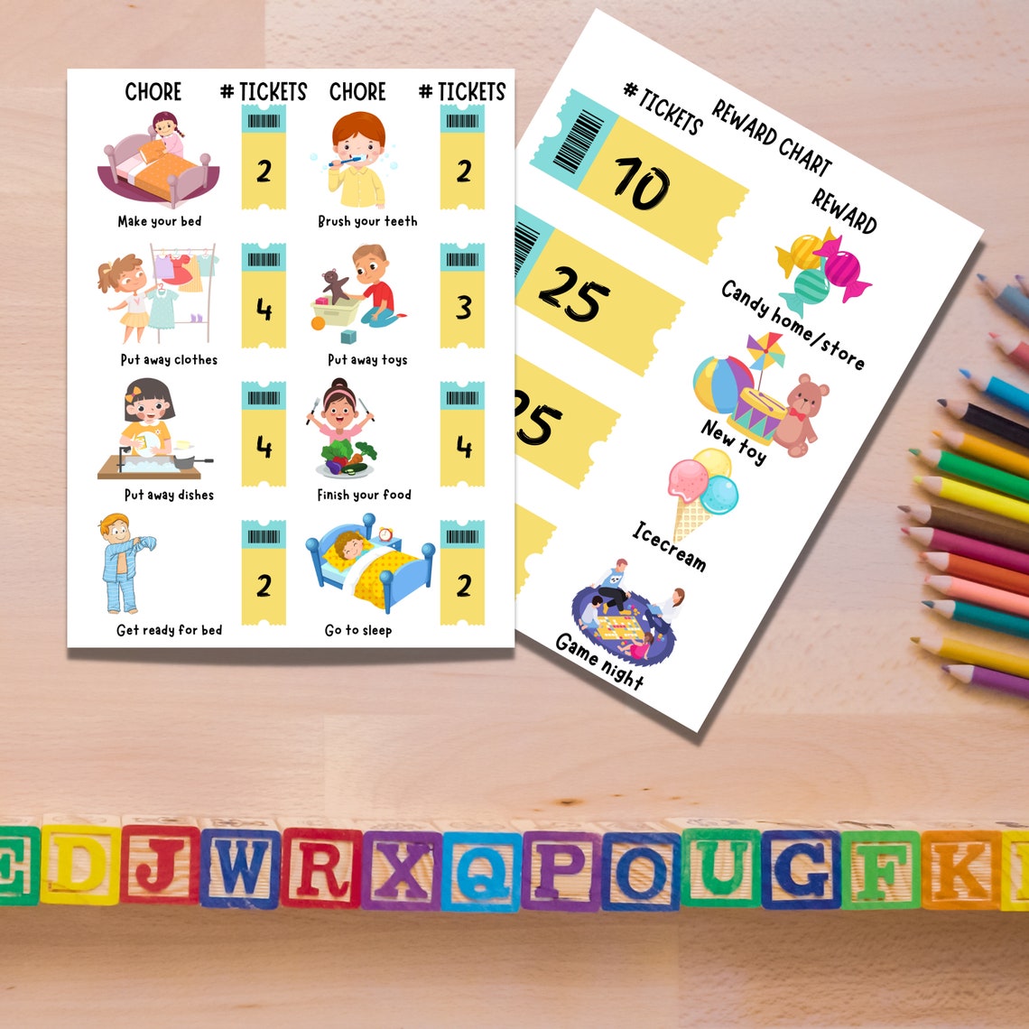 Printable Kids Reward Chart With Ticket System Encourage Routines ...