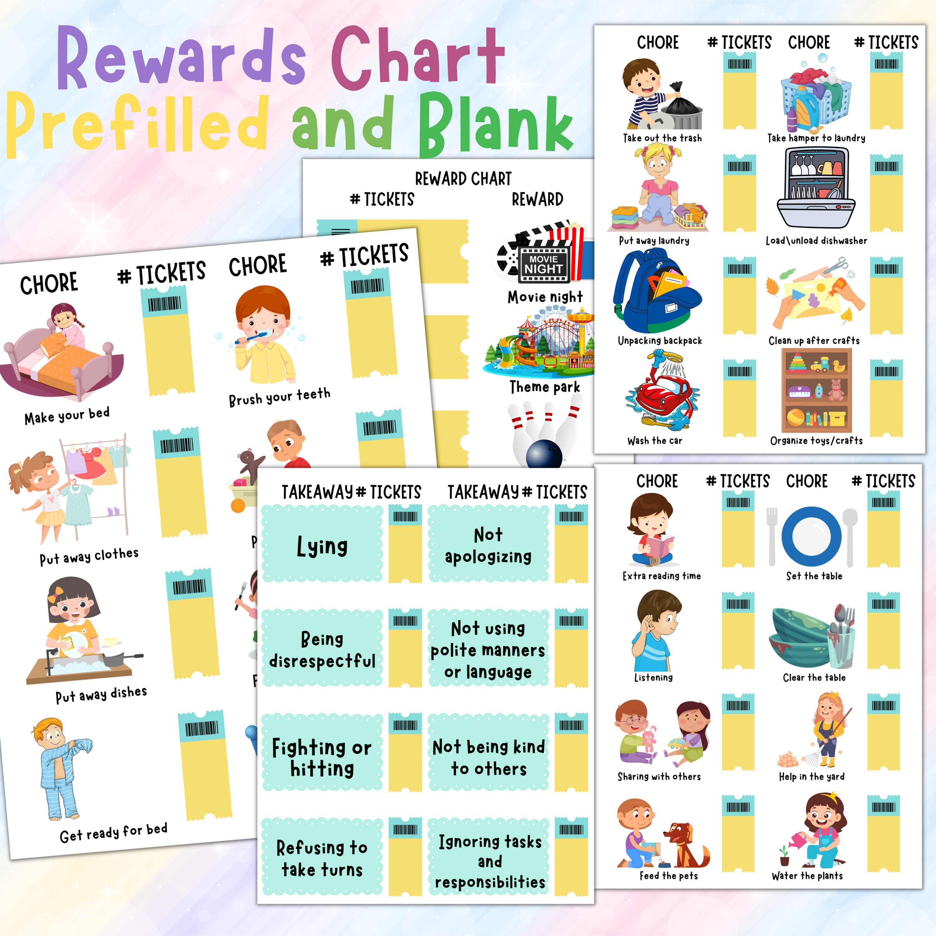 Printable Kids Reward Chart With Ticket System Encourage Routines ...