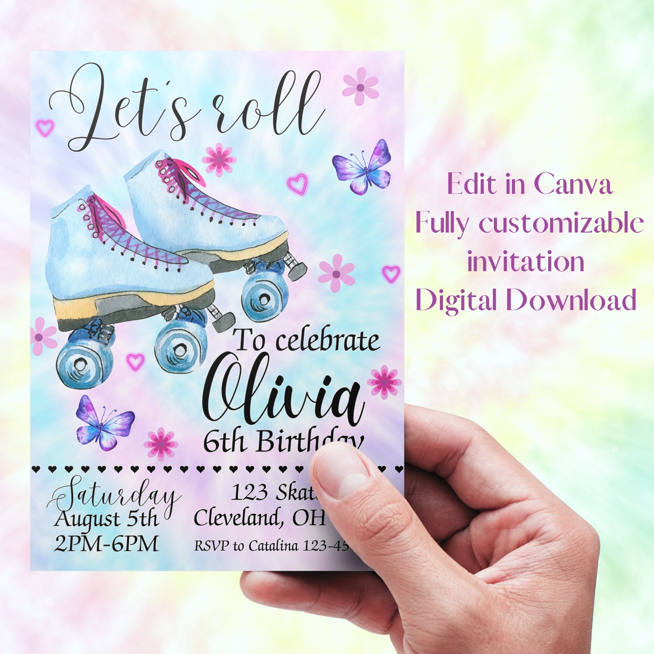 Roller Skating Birthday Party Invitation Digital Tie Dye Roller Skating ...