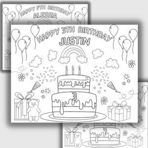 Personalized Birthday Party Coloring Placemat Birthday Cake Coloring ...