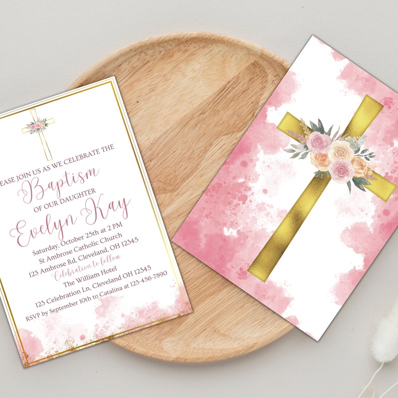 Elegant Pink and Gold Baby Girl Baptism Invitation Modern Christening ...