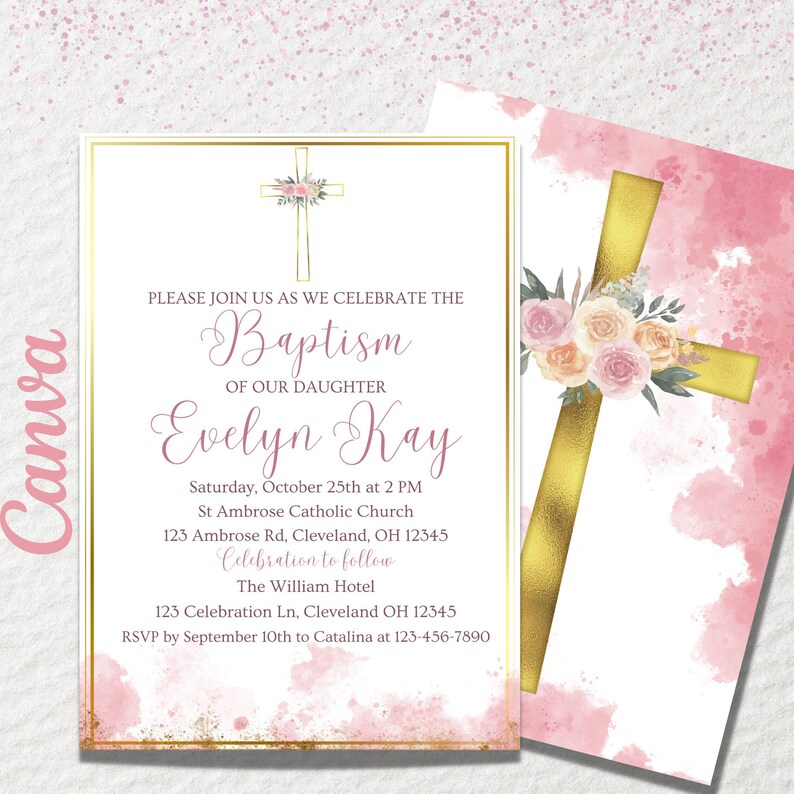 Elegant Pink and Gold Baby Girl Baptism Invitation Modern - Etsy
