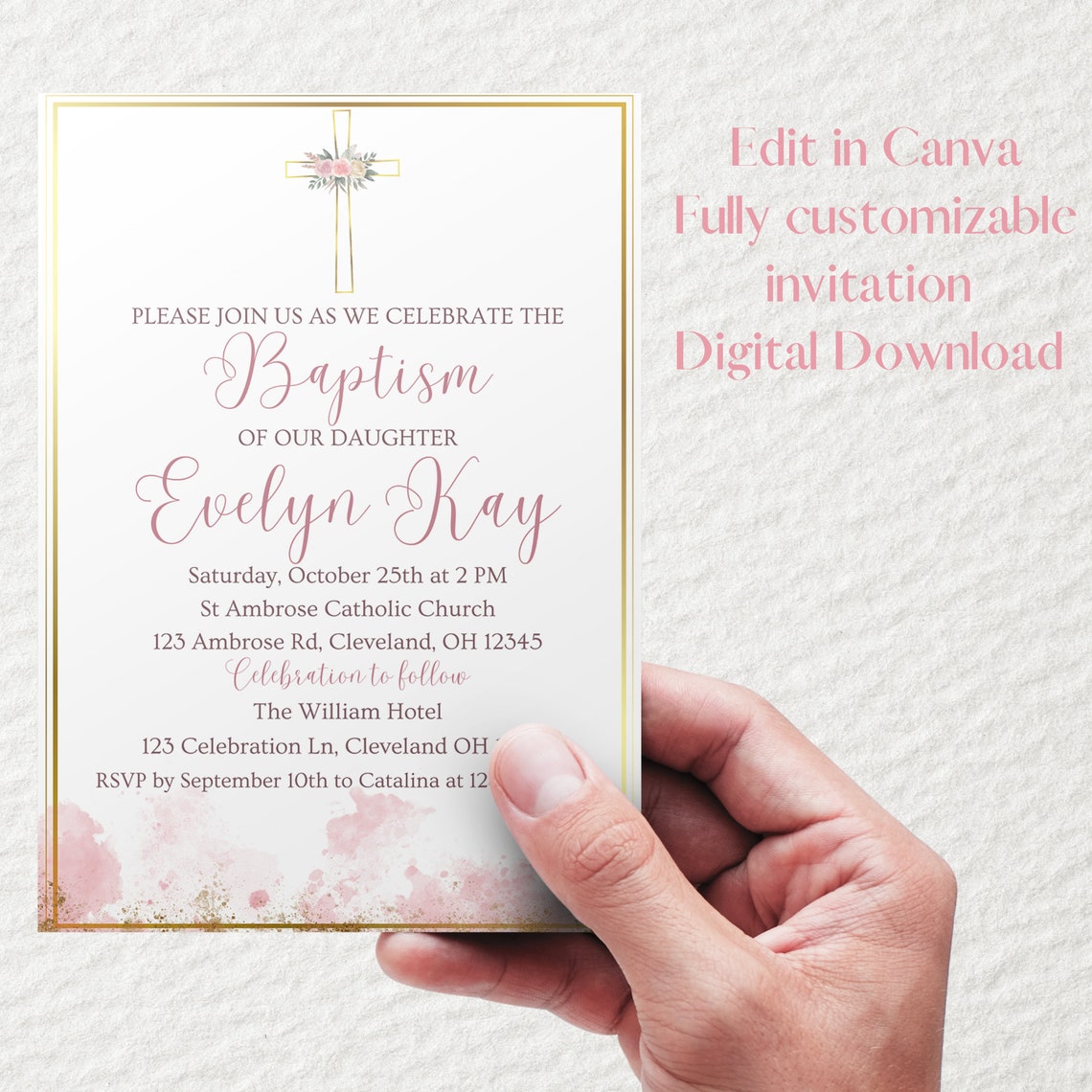 Elegant Pink and Gold Baby Girl Baptism Invitation Modern Christening ...