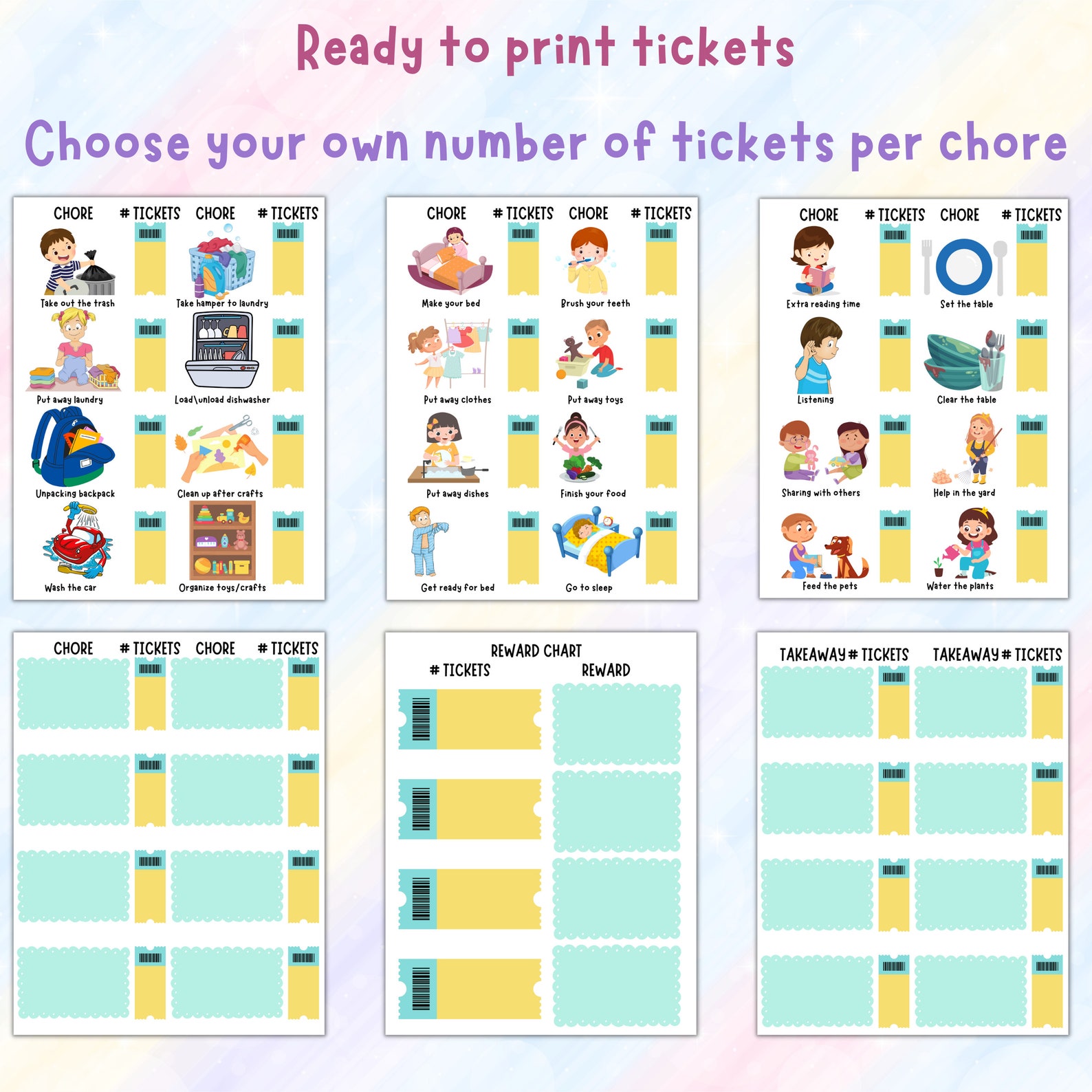 Printable Kids Reward Chart With Ticket System Encourage Routines ...