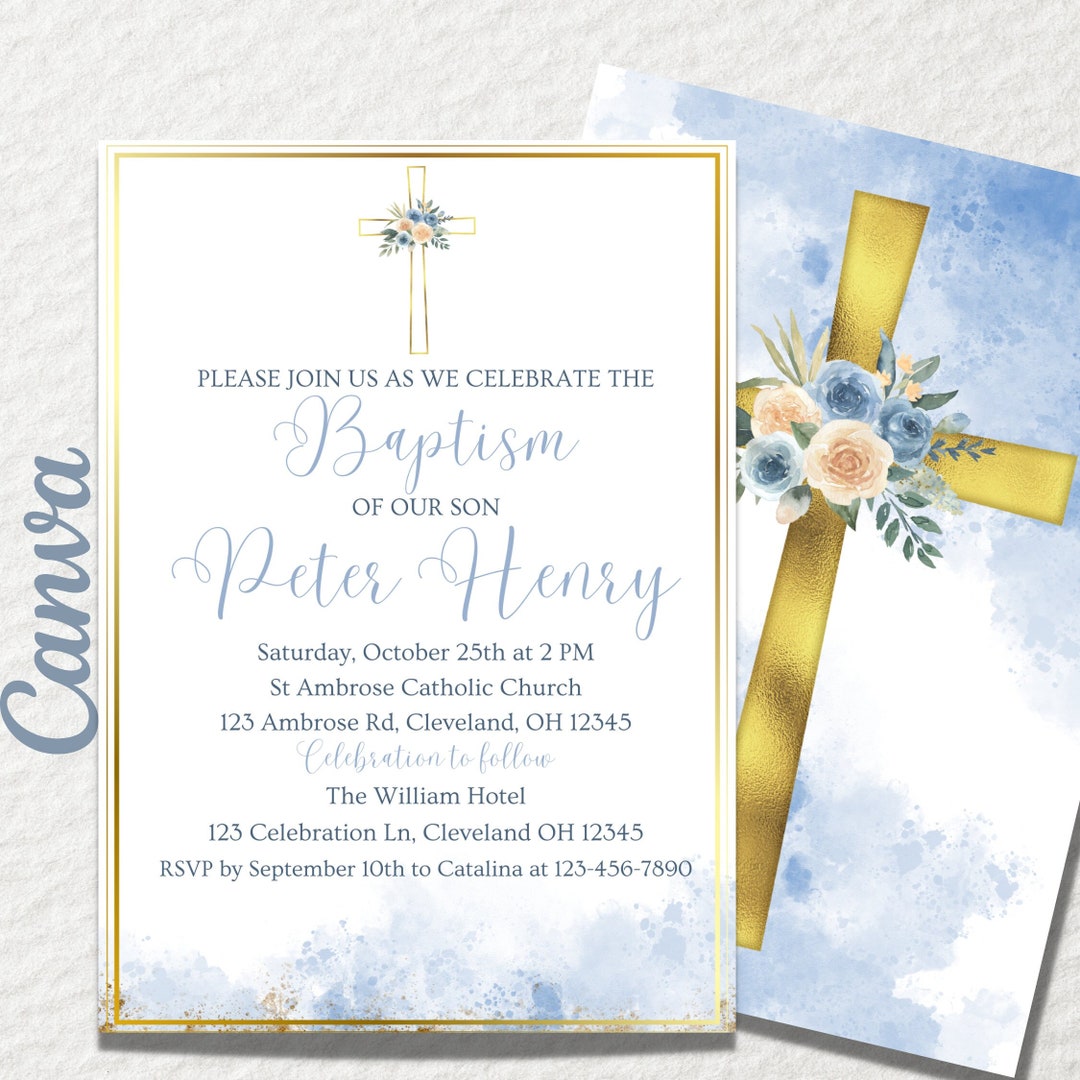 Elegant Blue and Gold Baby Boy Baptism Invitation Modern - Etsy