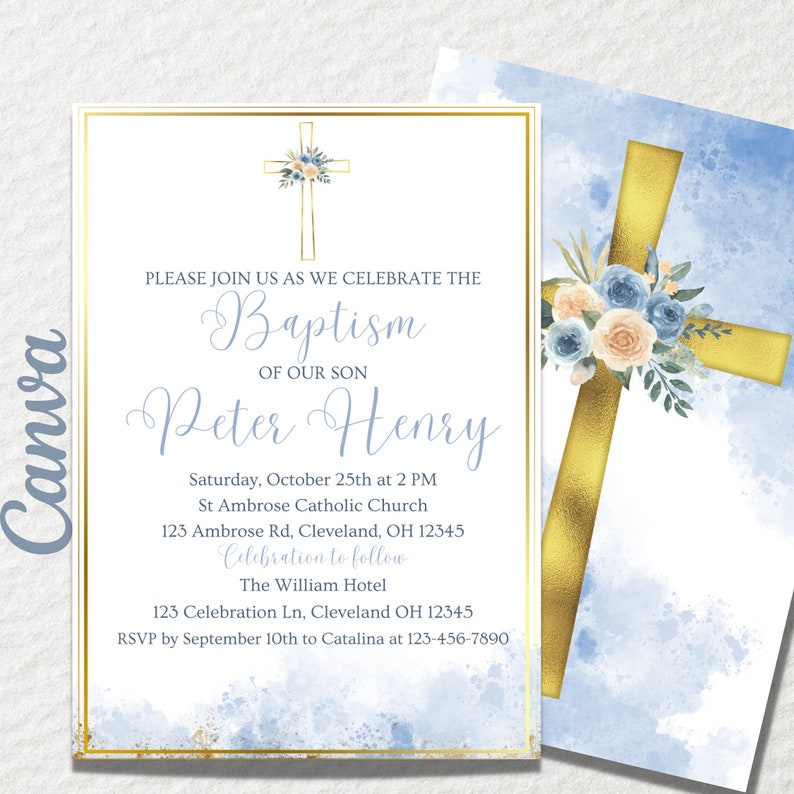 Elegant Blue and Gold Baby Boy Baptism Invitation Modern - Etsy
