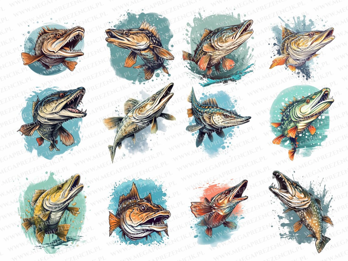 Fishing Graphics. Pike Pattern for a T-shirt and Mug. Angler Set Png ...