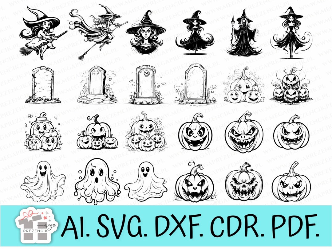 Halloween Graphics Set. Halloween Pumpkins, Witches, Ghosts, Tombstones ...