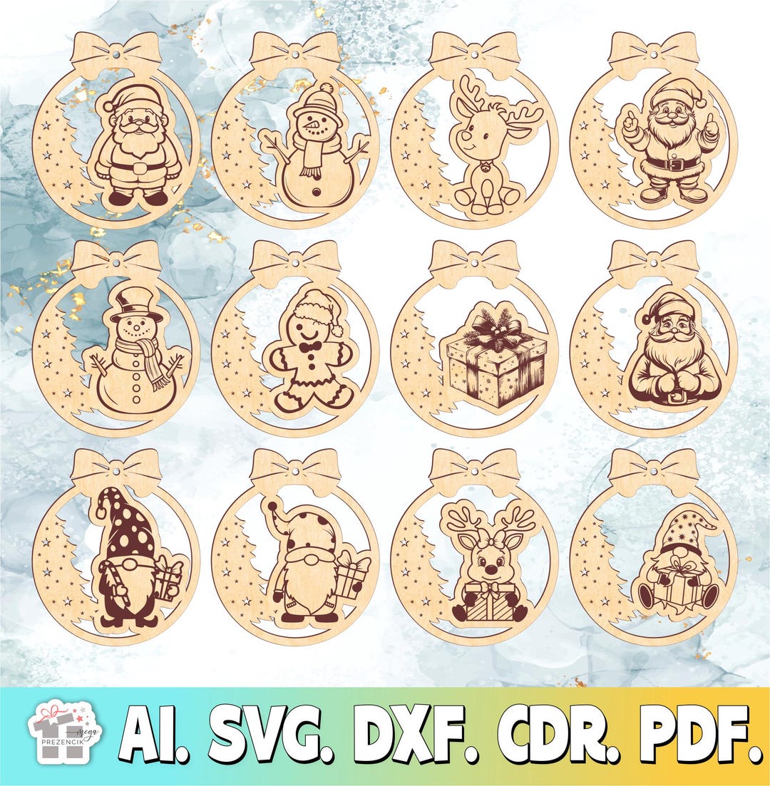 Set of Christmas Baubles With Ribbon and Cute Christmas Characters ...