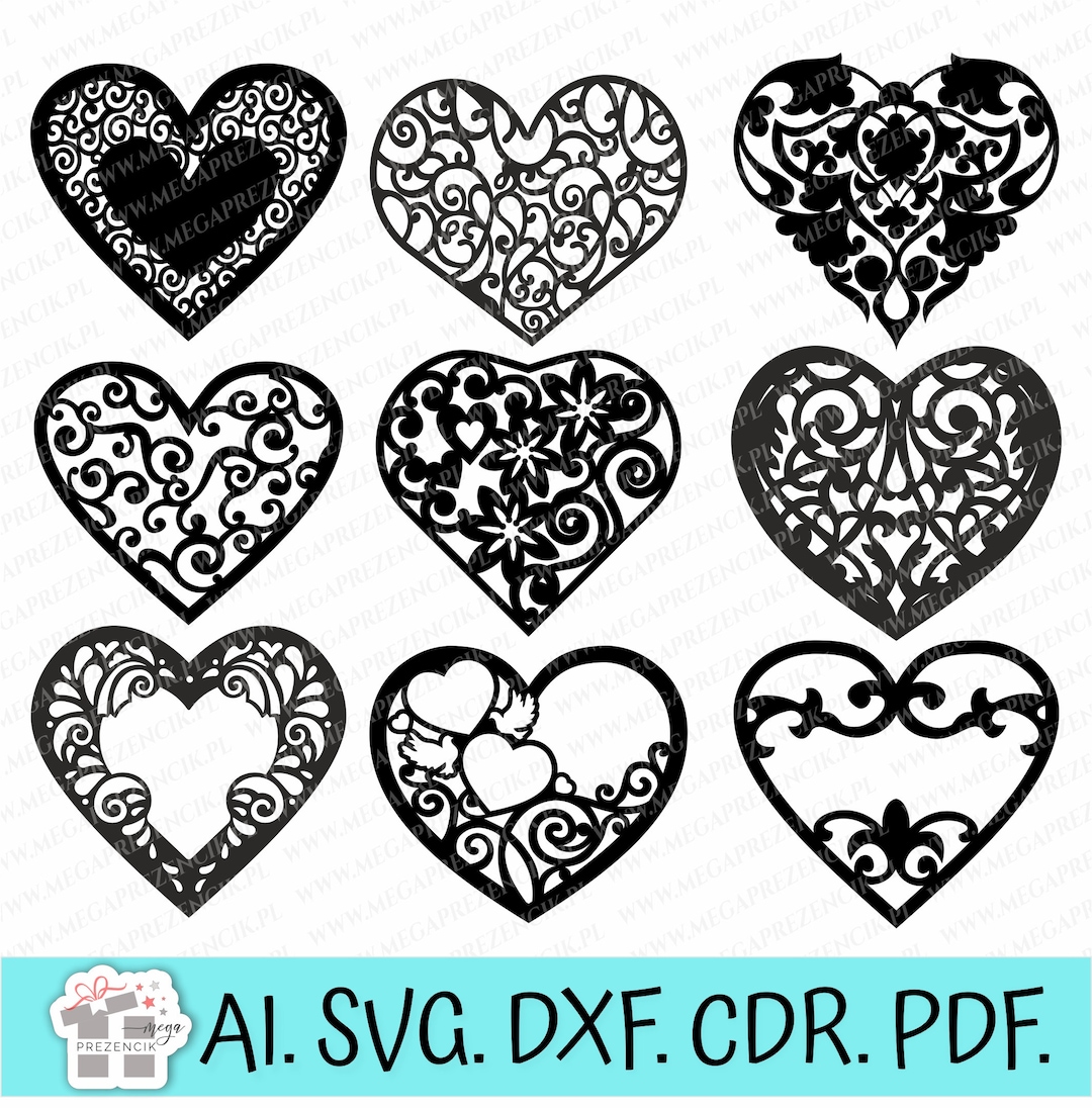 Decorative Heart SVG Graphics. Set of Laser Cut Hearts Vector Graphics ...