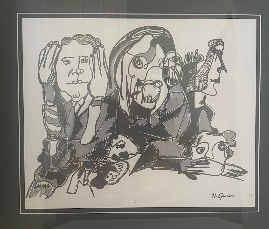 Hilda Epner Abstract " Hear, Speak, See No Evil" Illustration Framed 18 ...
