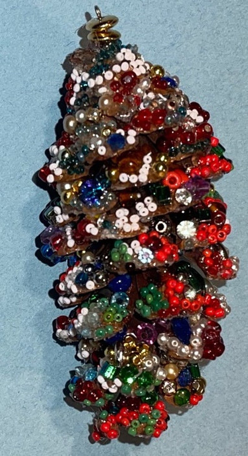 Rare Hand Made One-of-a-kind Pine Cone Jeweled Christmas Tree Ornament ...