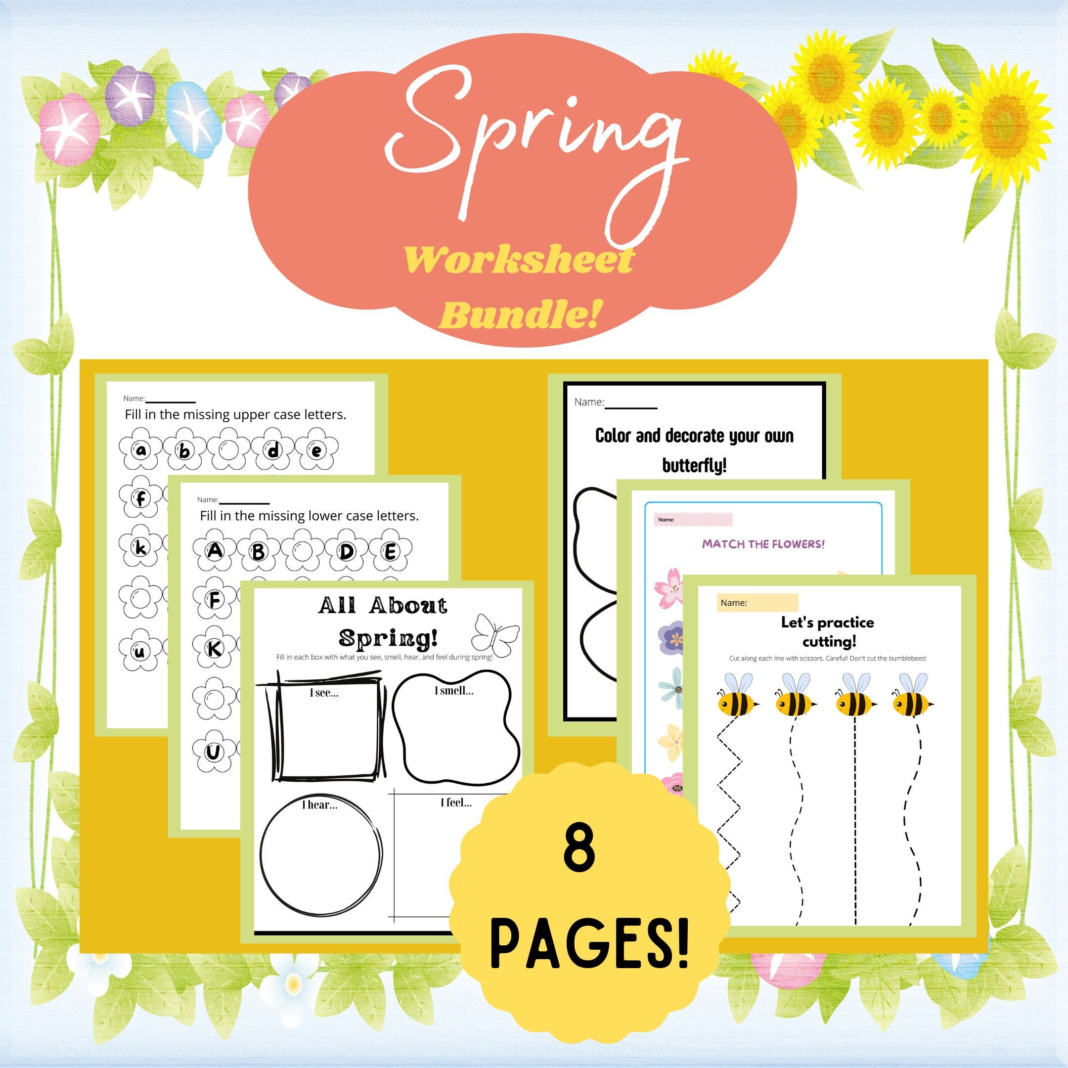 8 Page Spring Worksheet Bundle- Preschool & Kindergarten- Digital - Etsy