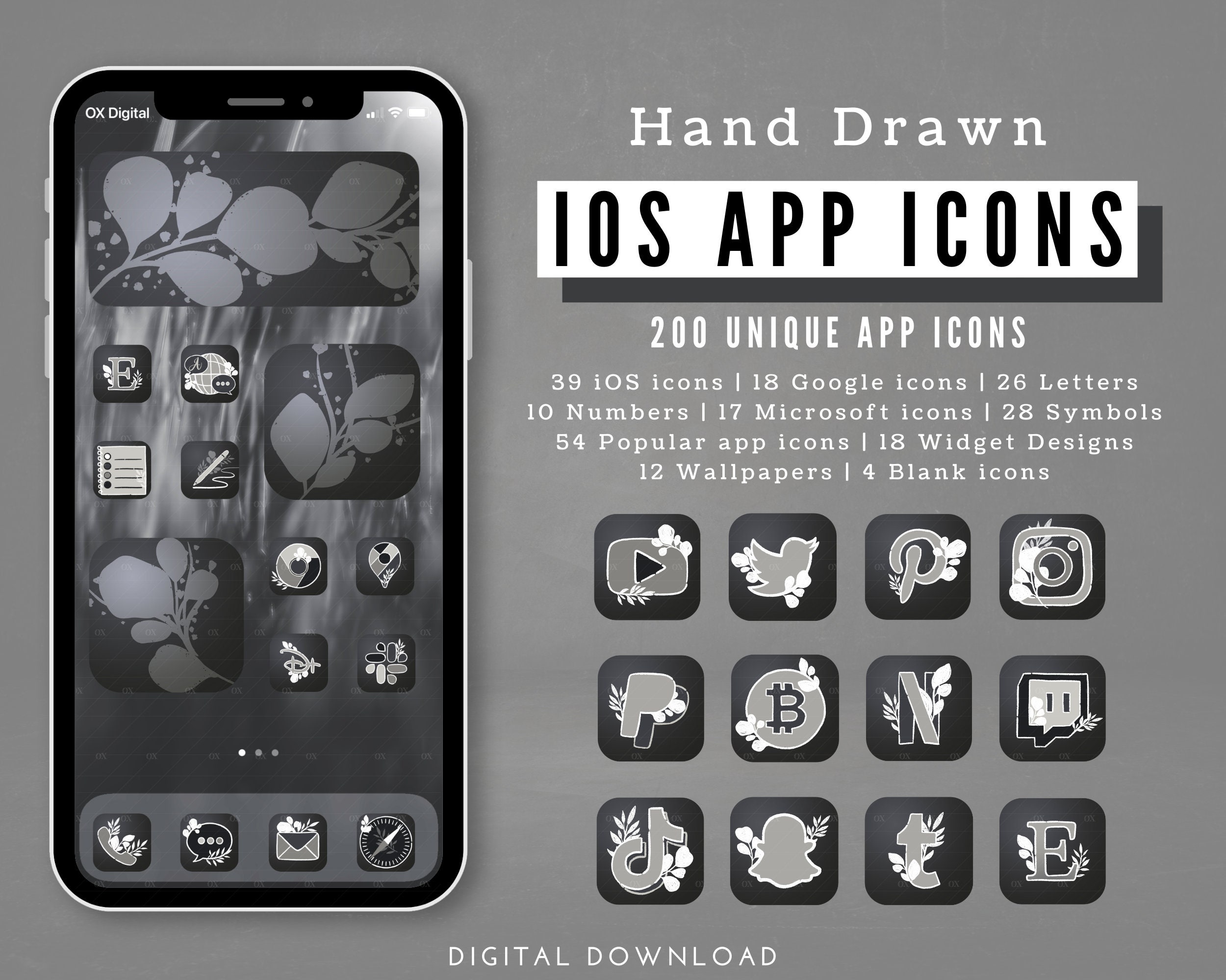 Dark Theme Ios App Icon Aesthetic Black Ios App Icons With - Etsy