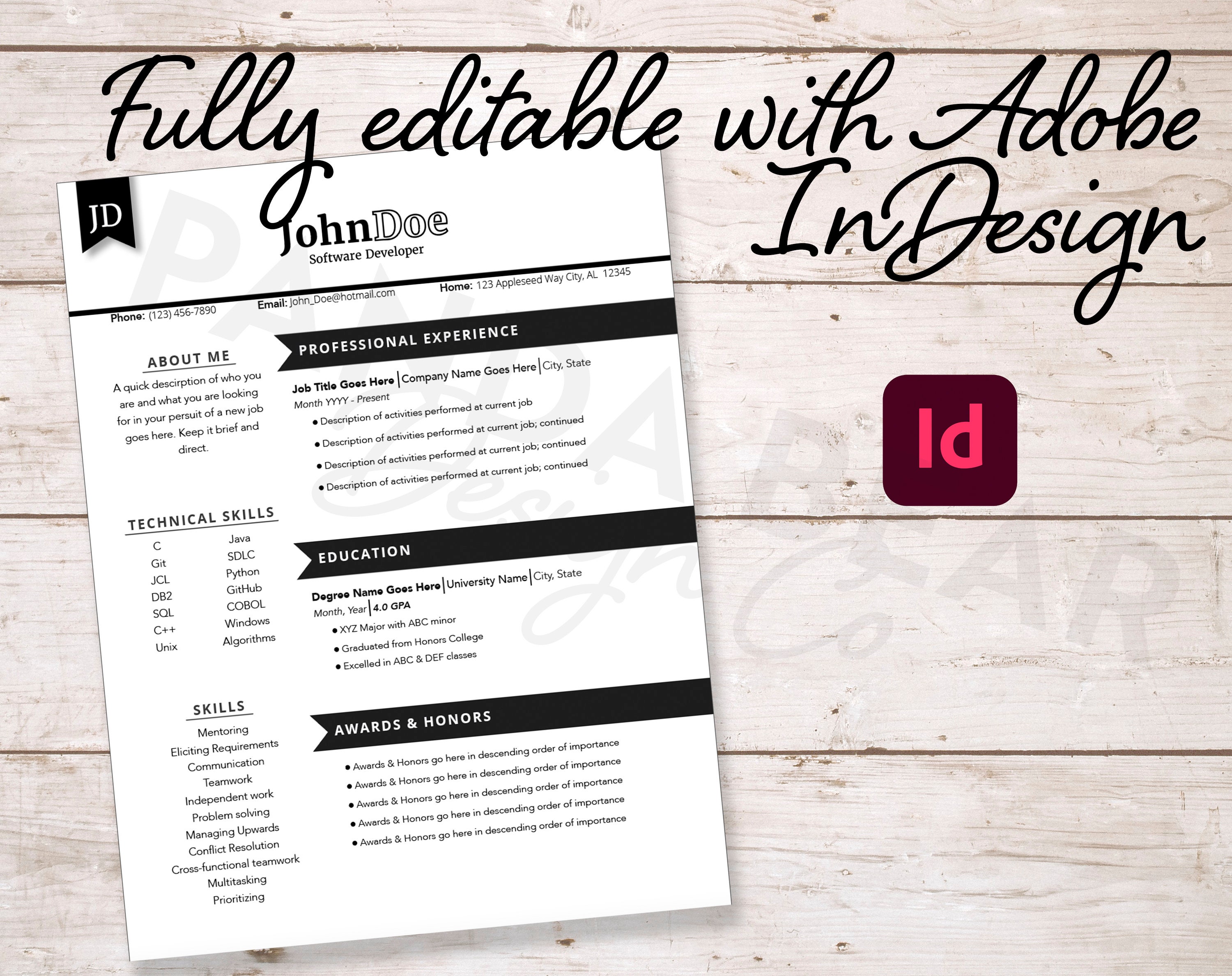 Modern Resume Template | Downloadable Editable Adobe Indesign Resume ...