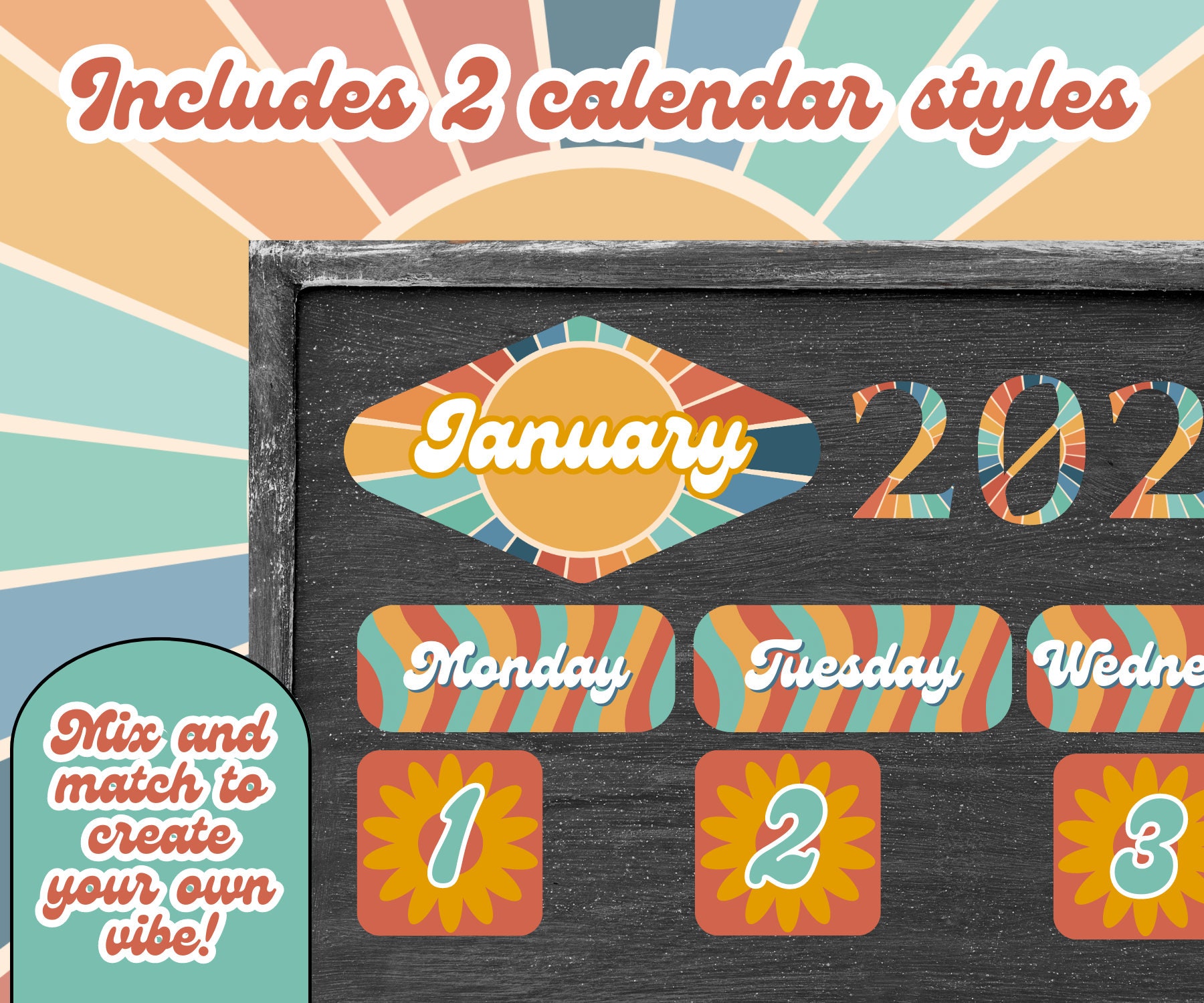 Classroom Calendar Display |printable Groovy Retro Classroom Decor ...
