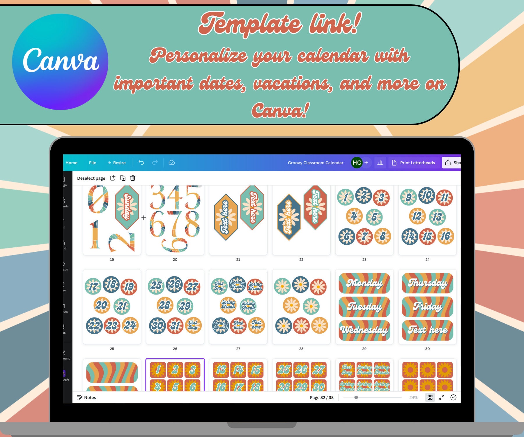 Classroom Calendar Display |printable Groovy Retro Classroom Decor ...