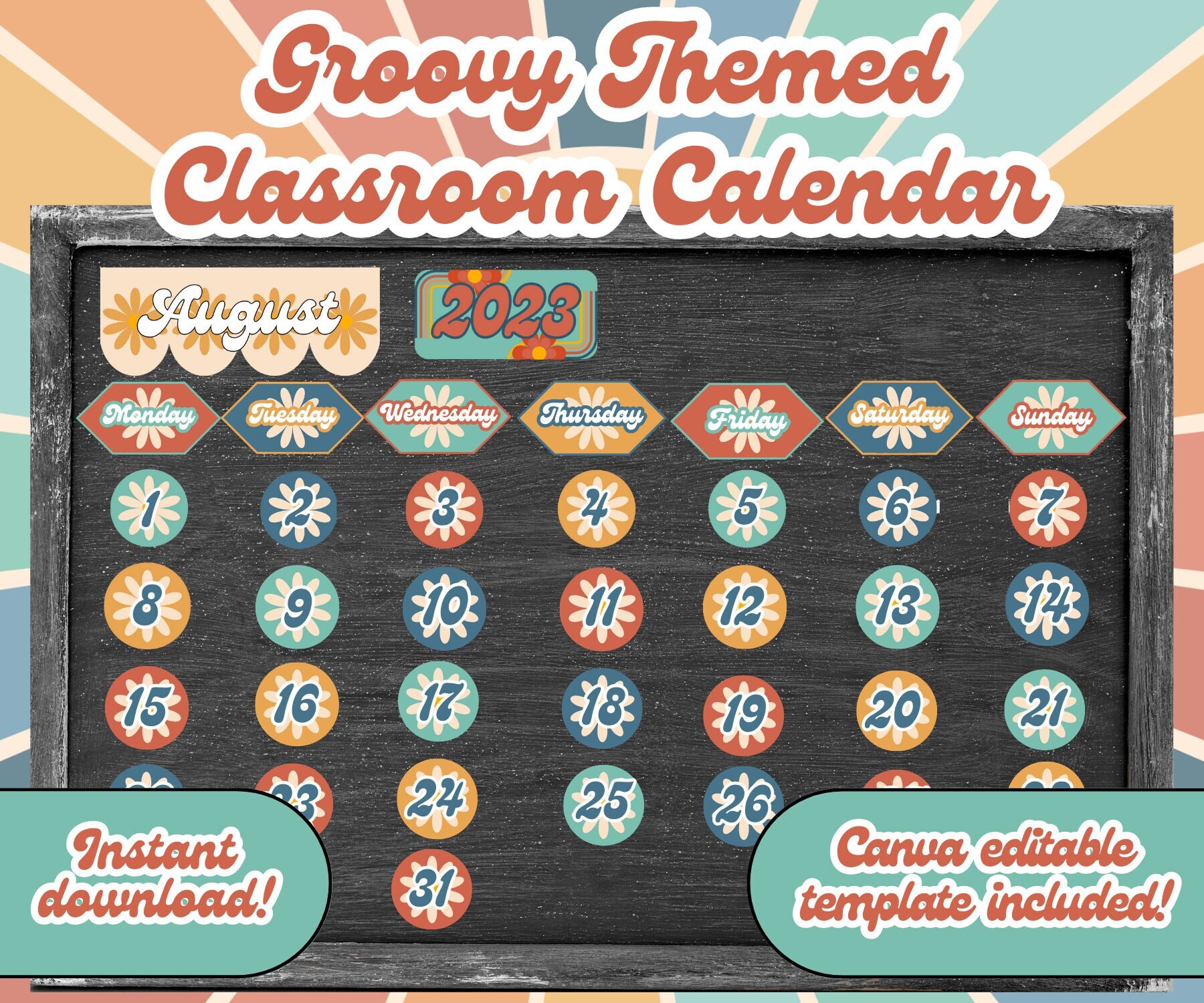Classroom Calendar Display |printable Groovy Retro Classroom Decor ...