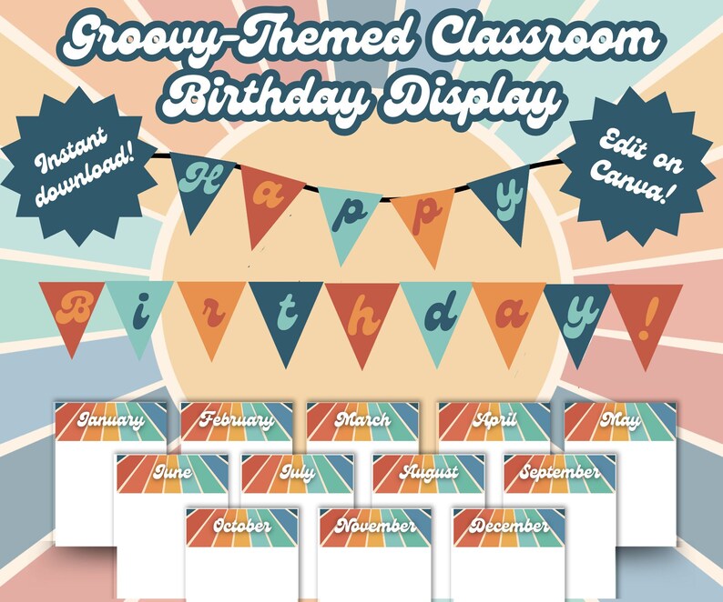 Classroom Birthday Printable Display, Editable in Canva, Groovy Retro ...