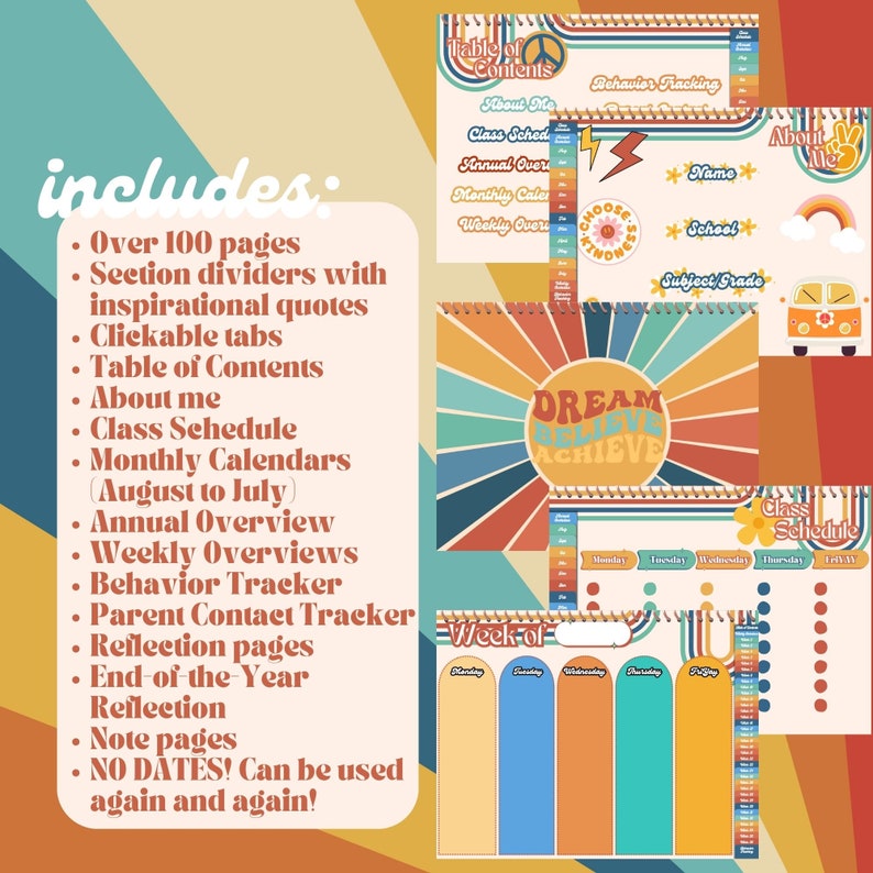 Digital Teacher Planner Groovy Theme Teacher Planner No Dates Teacher ...