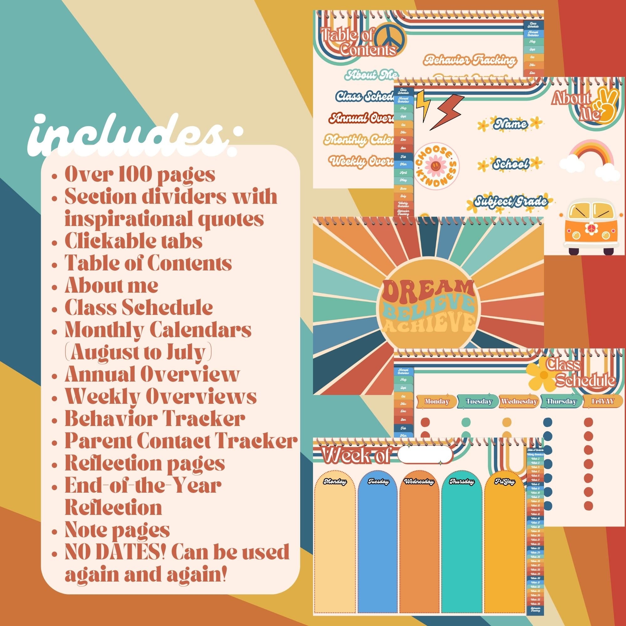 Digital Teacher Planner Groovy Theme Teacher Planner No Dates Teacher ...