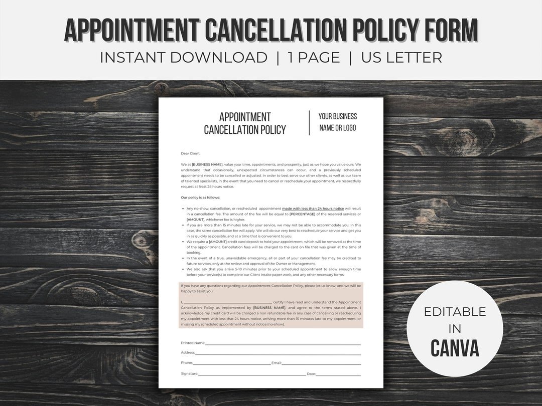Appointment Cancellation Policy Form Editable | Appointment Template ...