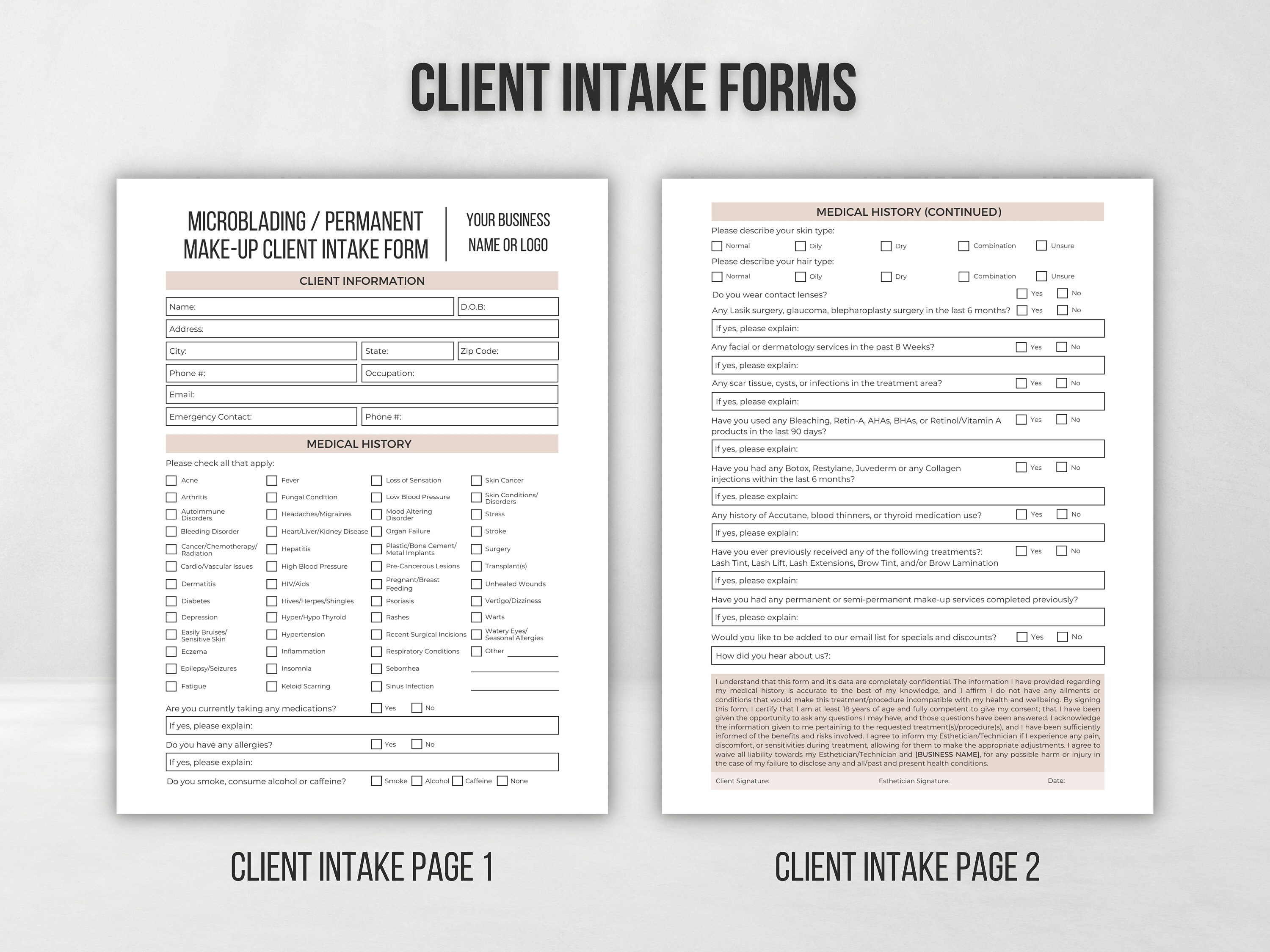 Permanent Make-up Client Consent Forms Editable | Microblading Template | Esthetician Forms ...
