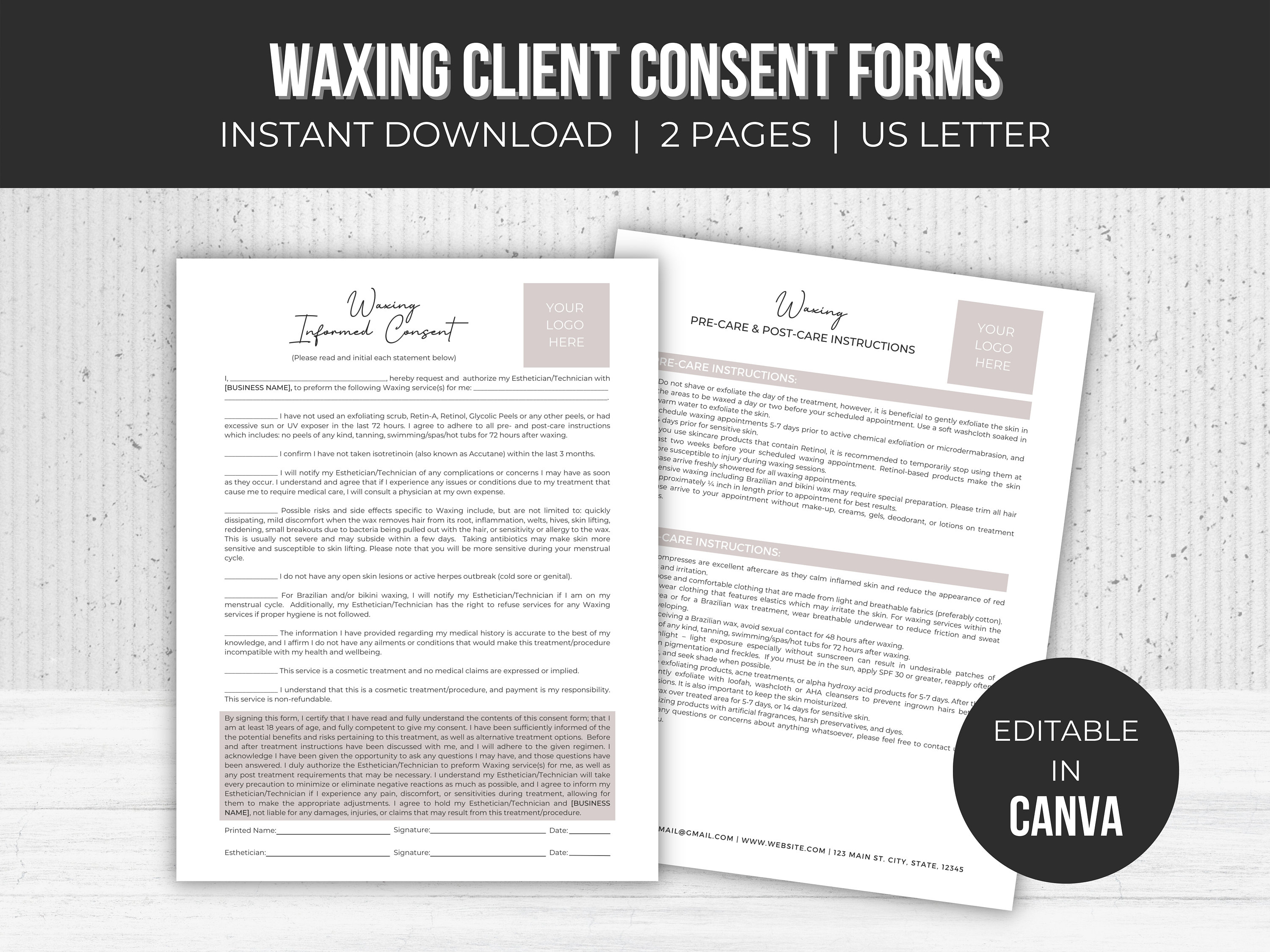 Editable Waxing Client Consent Forms Esthetician Template - Etsy