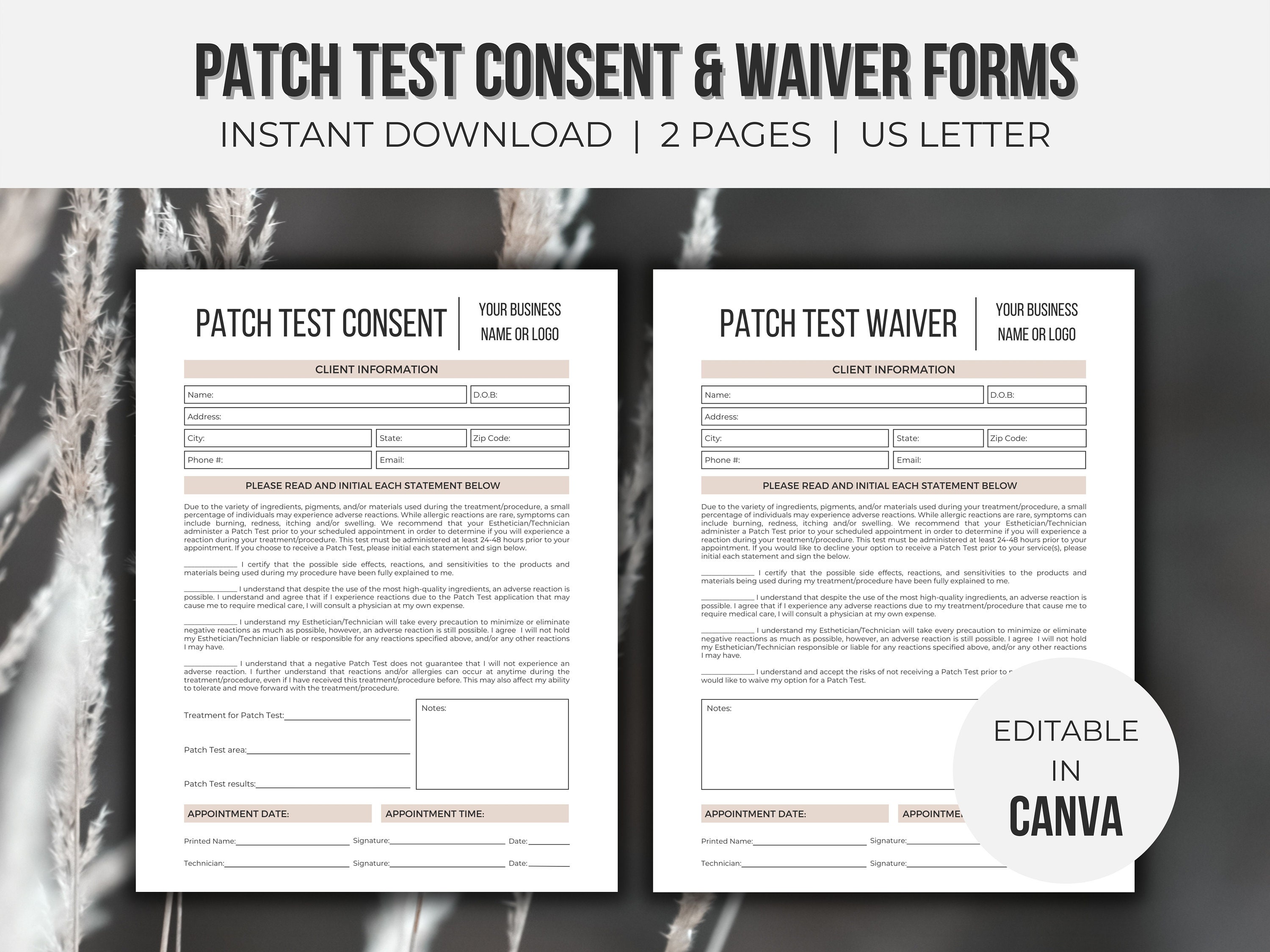 Patch Test Consent and Waiver Forms Editable | Lash Artist Forms ...
