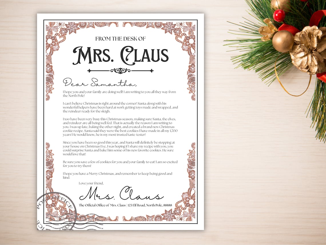 Editable Letter From Mrs Claus Mrs Claus Letter Template - Etsy