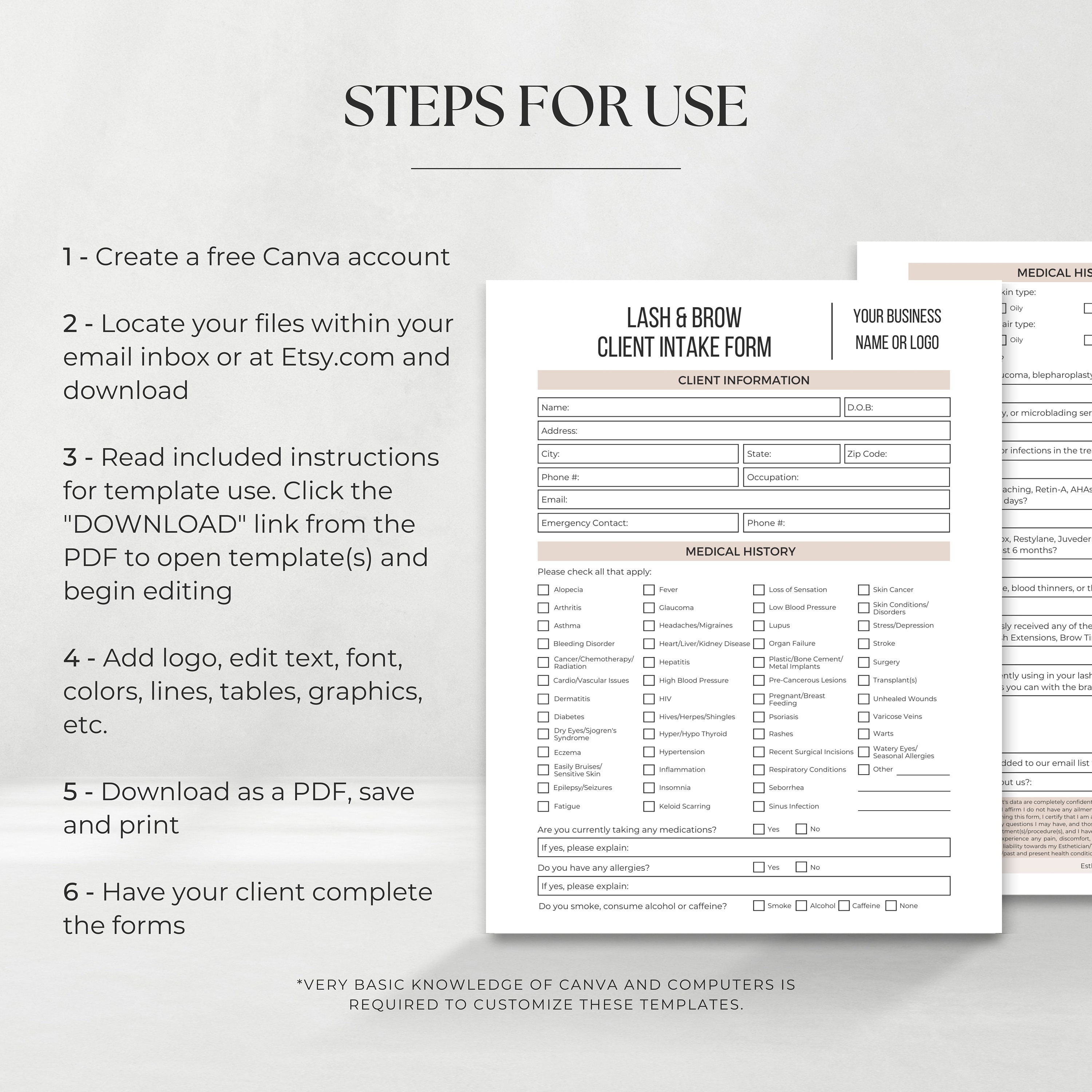 Lash and Brow Client Intake Forms Editable Esthetician Lash and Brow ...