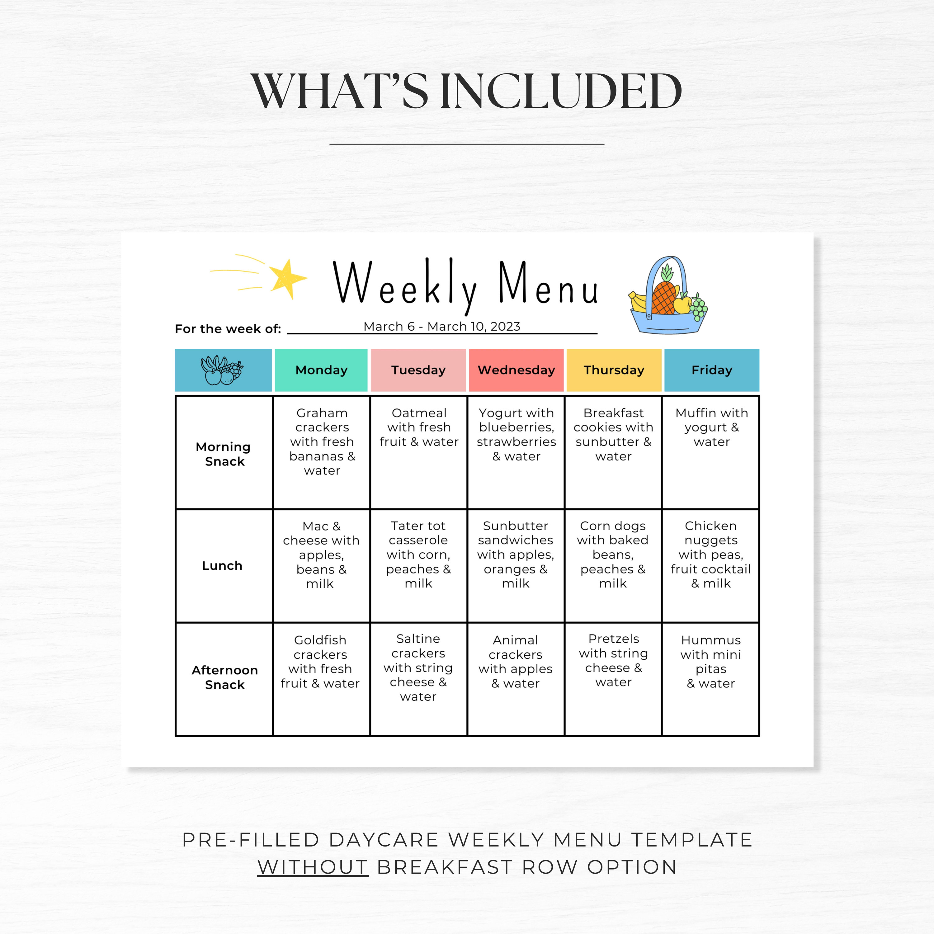 Home Daycare Weekly Menu Template Home School Meal Planner Editable ...