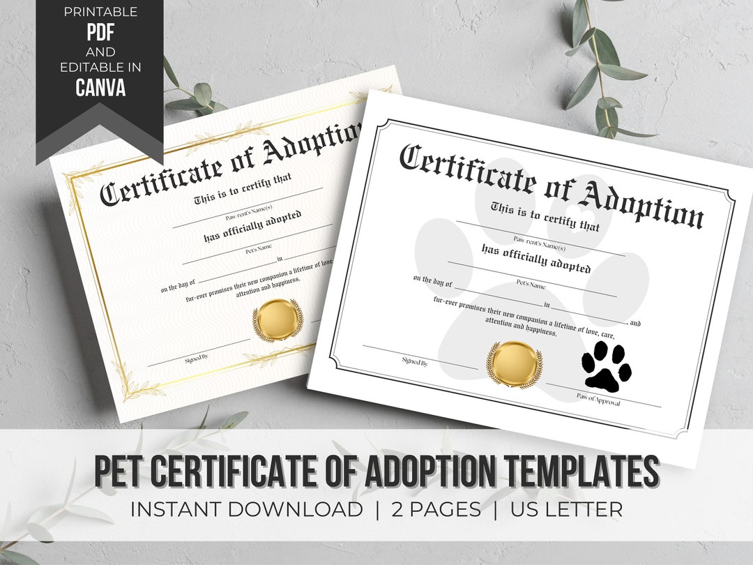 Pet Certificate of Adoption Editable | Adoption Certificate | Dog ...