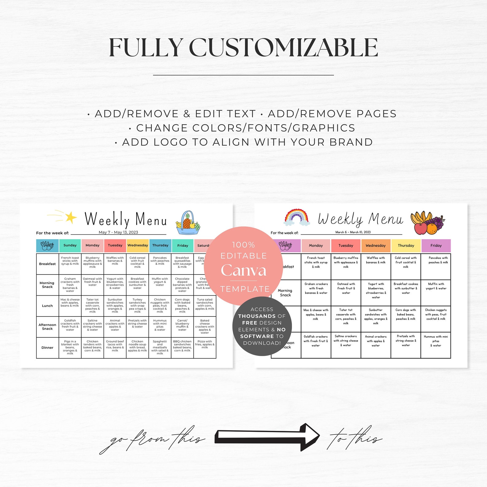 Editable Home Daycare Weekly Menu Home School Meal Planner Preschool ...