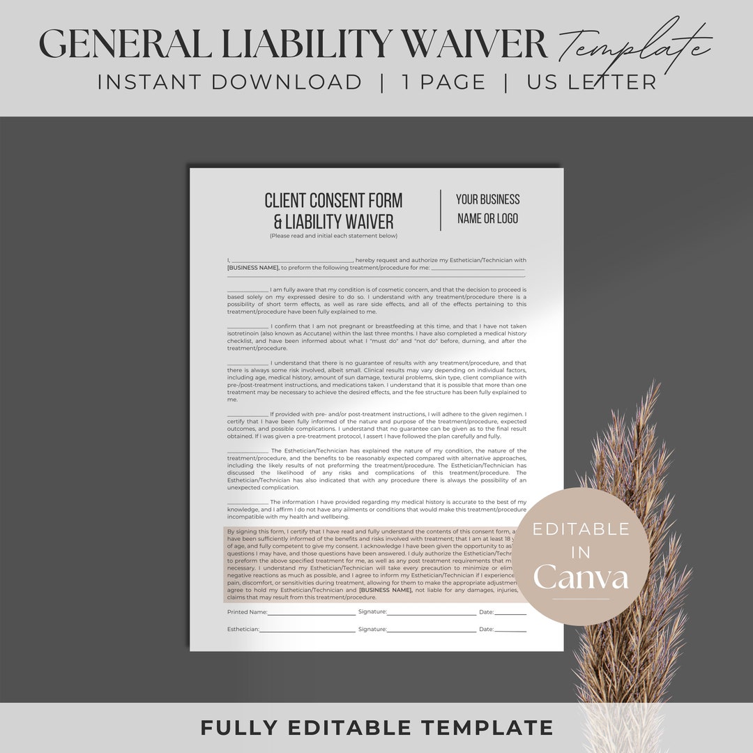 Esthetician General Liability and Client Consent Forms | Editable ...
