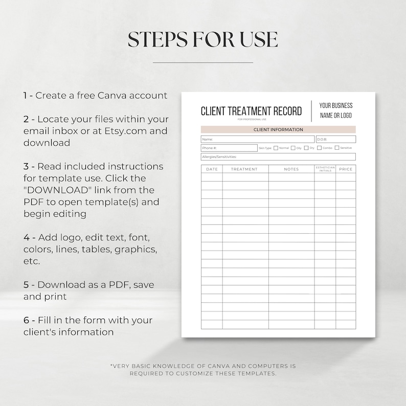 Esthetician Client Treatment Record | Editable Treatment Log ...