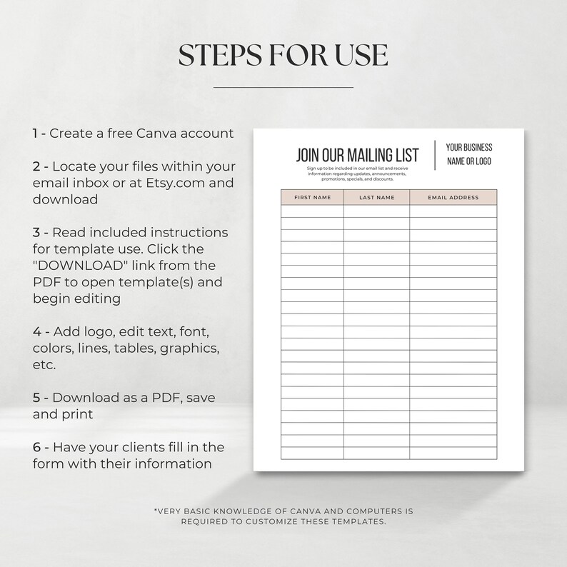 Editable Email List Sign up | Client Mailing List Sheet | Esthetician ...