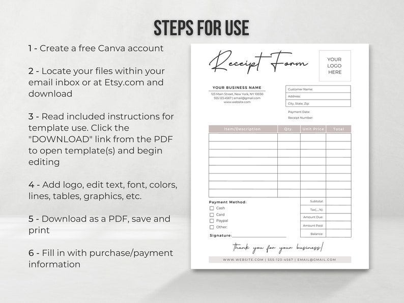 Receipt Template Editable Printable Receipt Business - Etsy UK