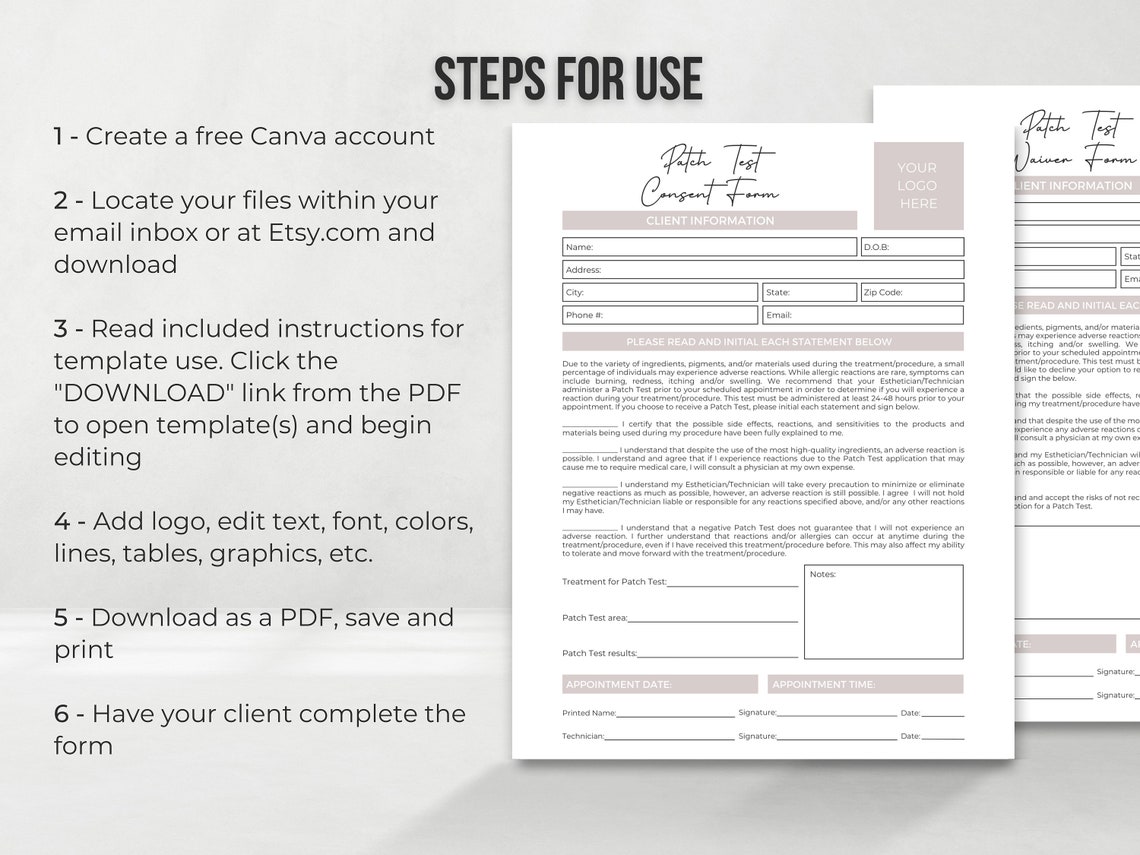 Editable Patch Test Consent and Waiver Forms Esthetician - Etsy