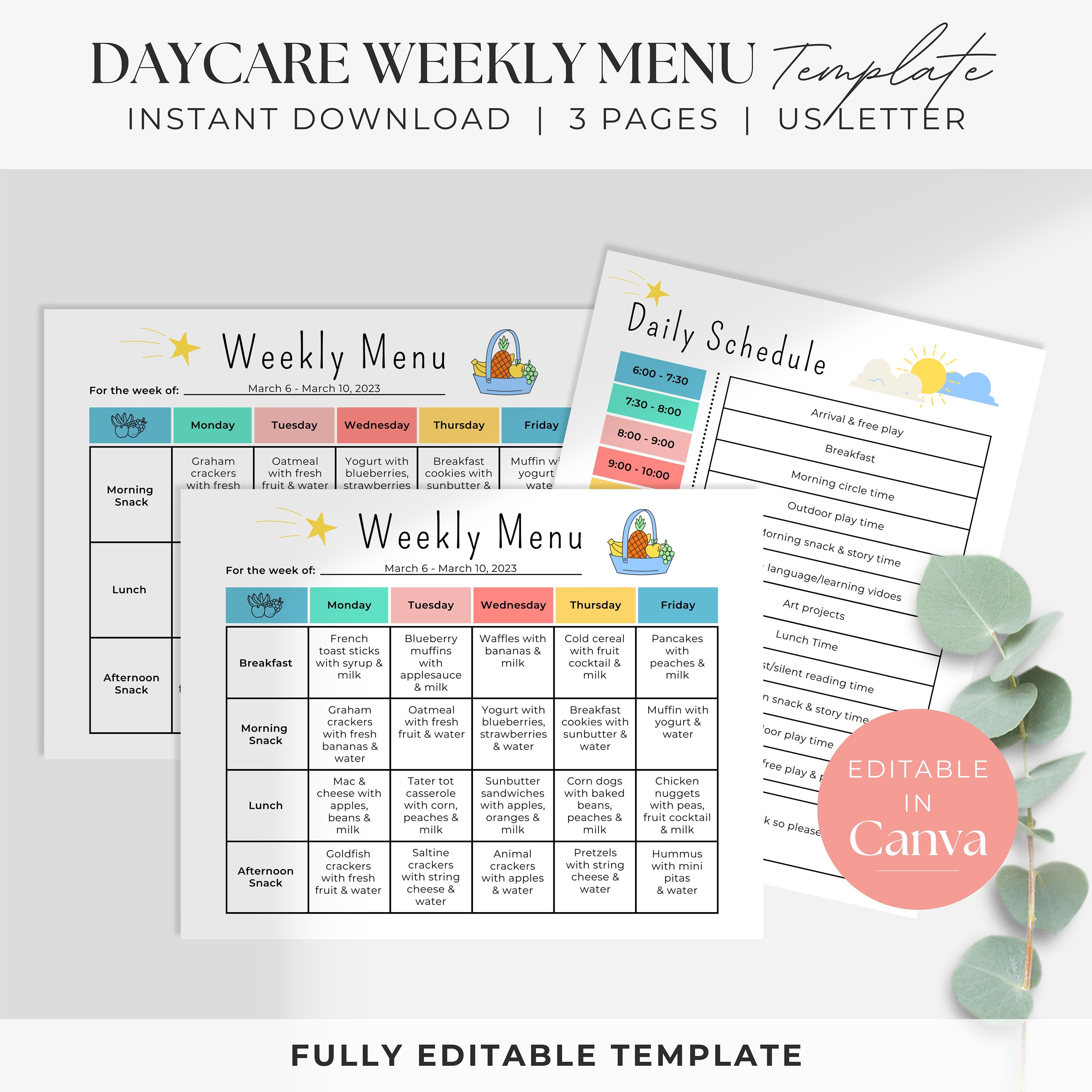 Home Daycare Weekly Menu Template Home School Meal Planner Editable ...