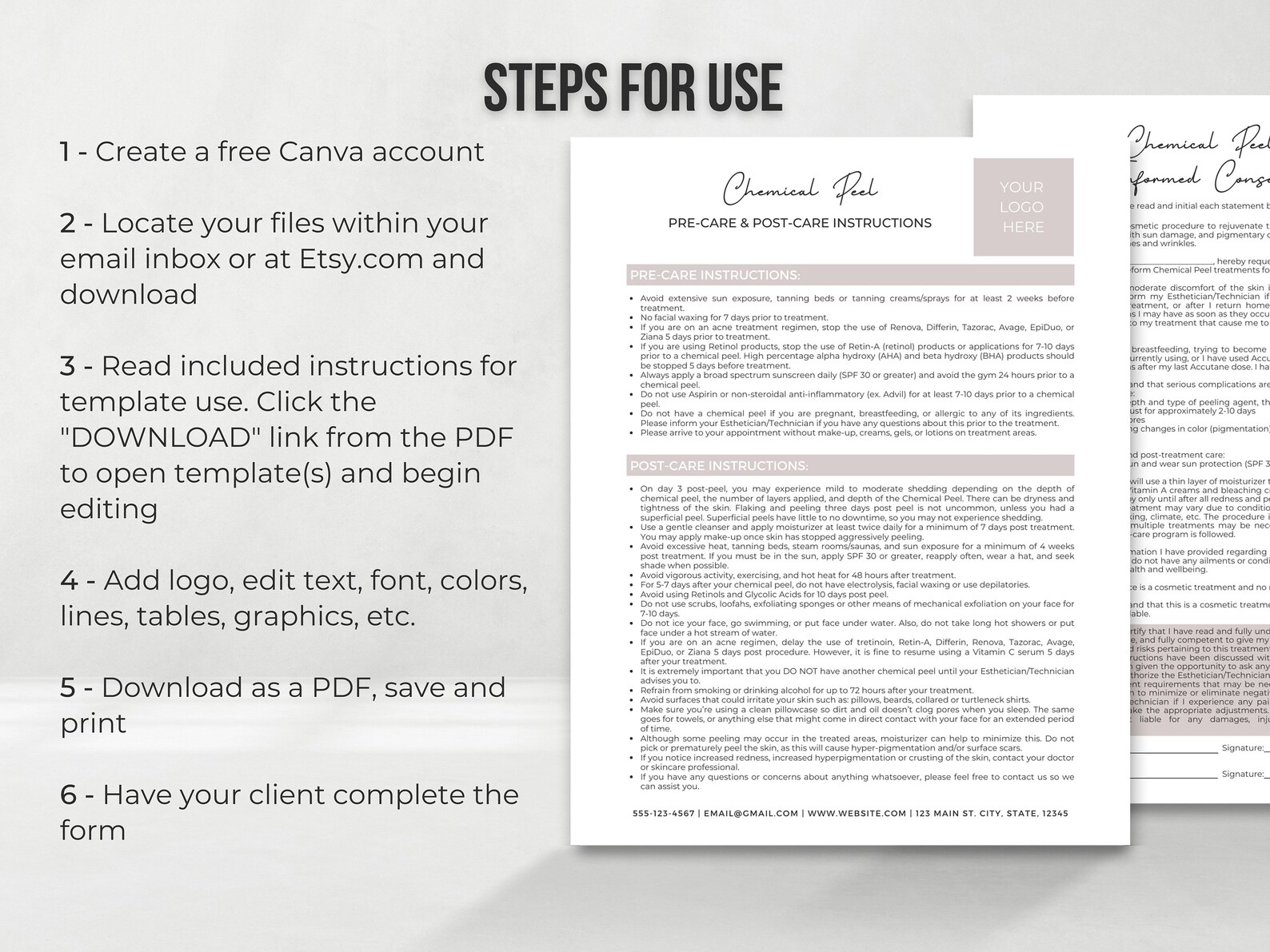 Editable Chemical Peel Client Consent Forms Esthetician Template Esthetician Business Instant ...