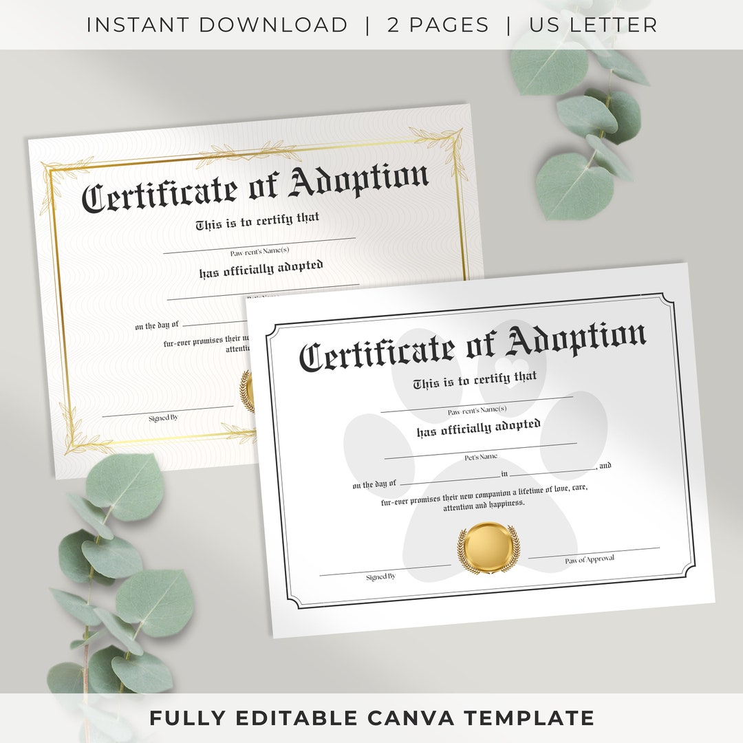 Pet Adoption Certificate Editable | Adoption Puppy Certificate | Adopt ...