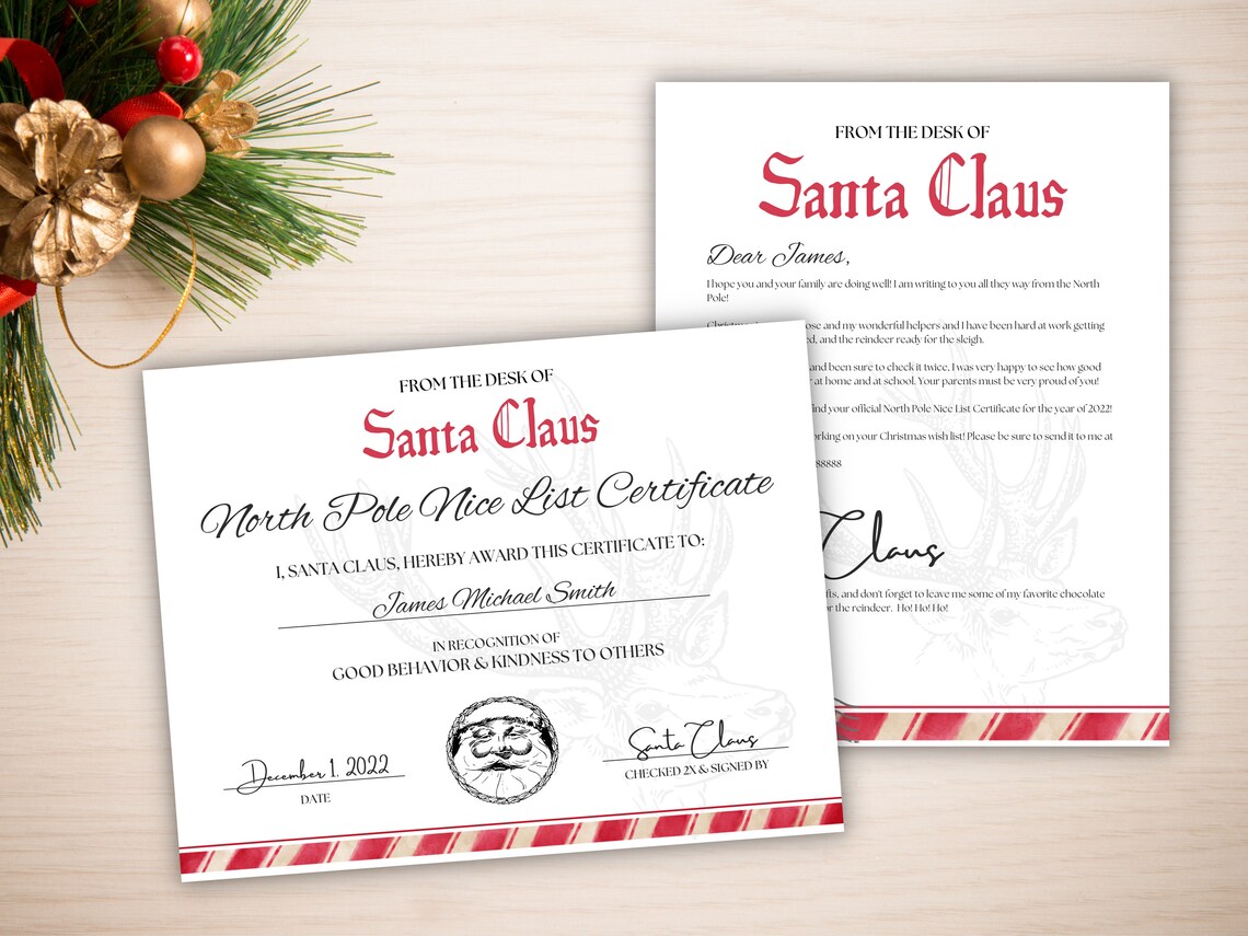Editable Letter From Santa Nice List Certificate Template - Etsy
