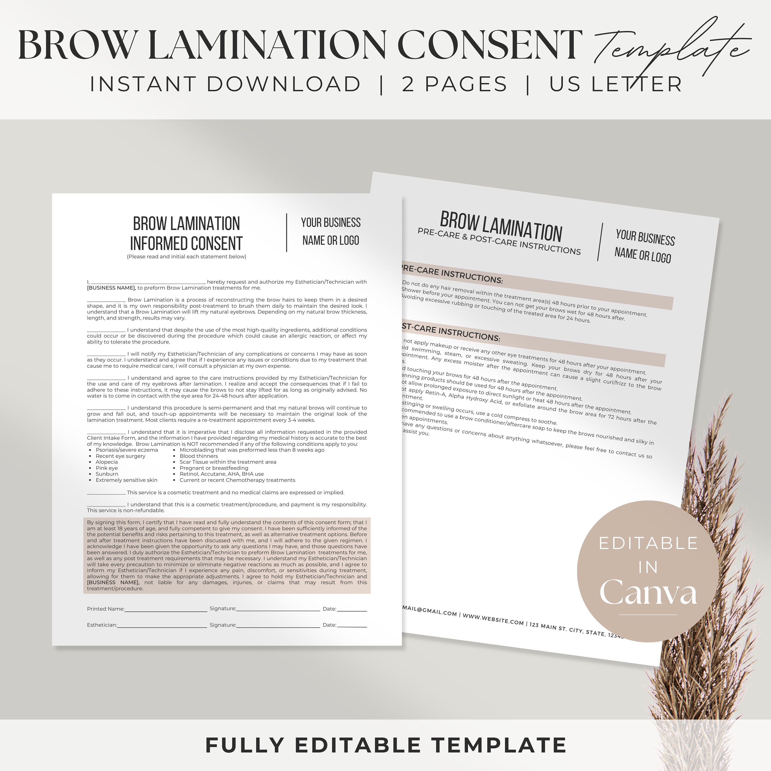 Brow Lamination Consent Forms Editable | Eyebrow Lamination | Editable Esthetician Template ...