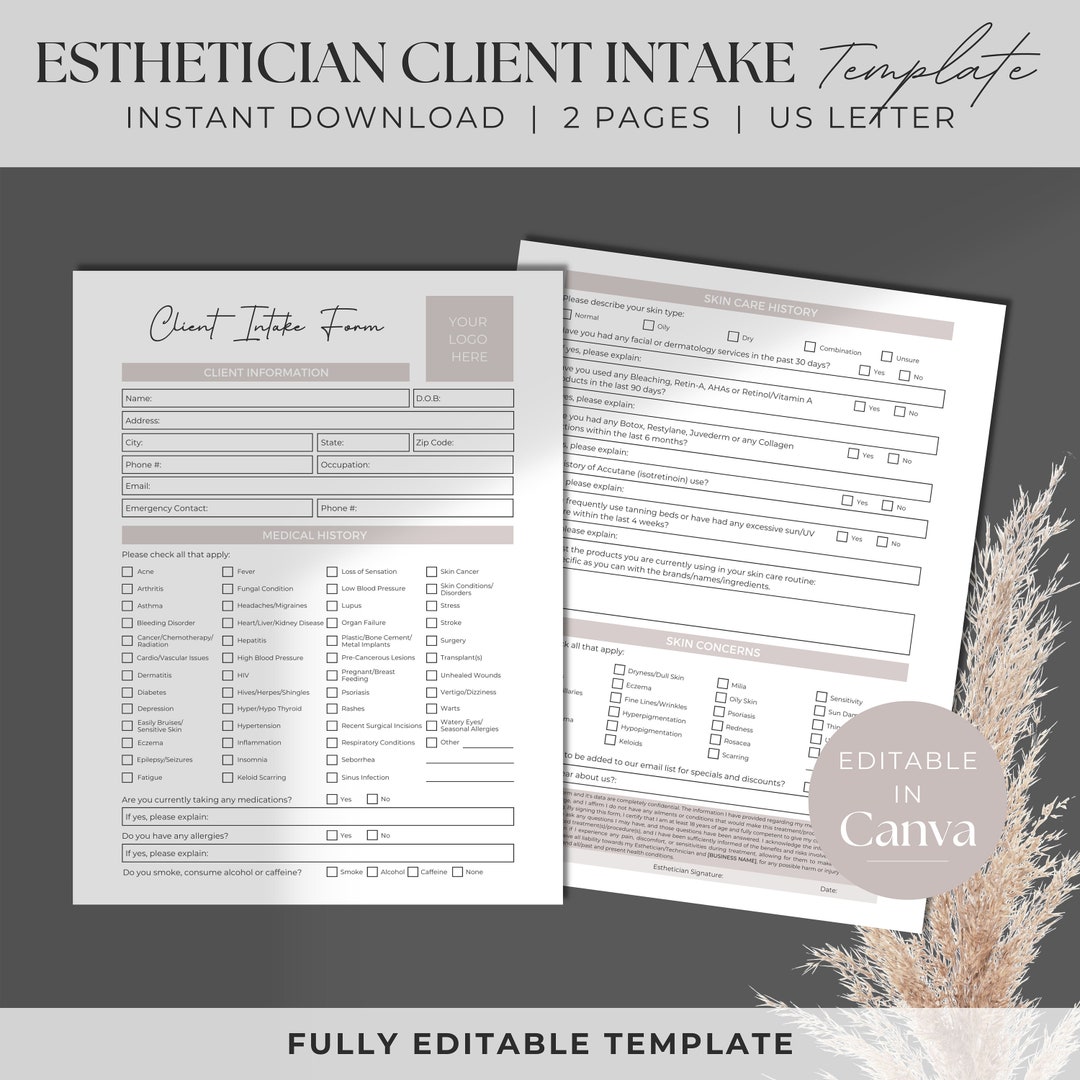 Esthetician Client Intake Template | Client Intake Forms Editable ...