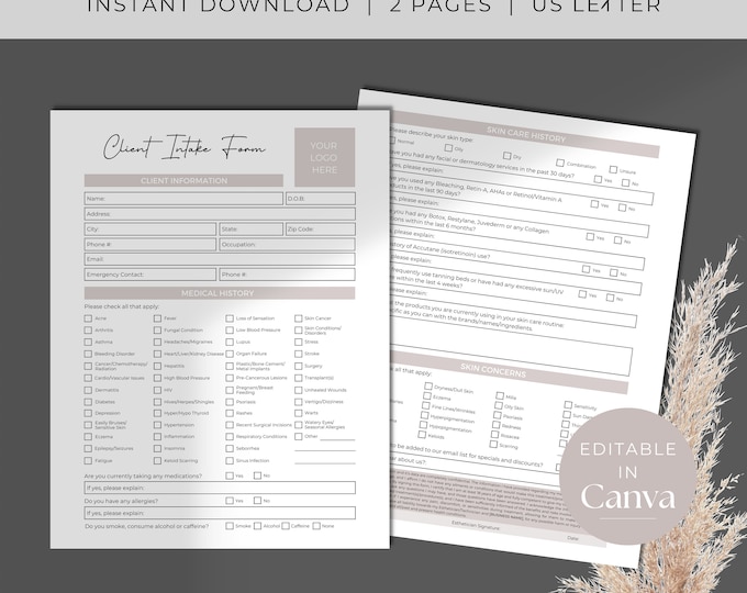 Simple Client Intake Form and Client Self-assessment for Estheticians PRINTABLE & DOWNLOADABLE ...