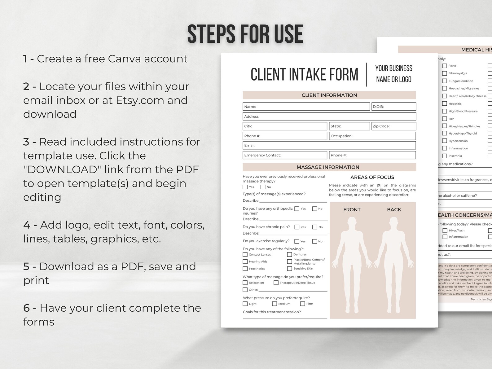 Massage Client Intake and Consent Forms Editable | Massage Therapist Forms | Massage Form ...